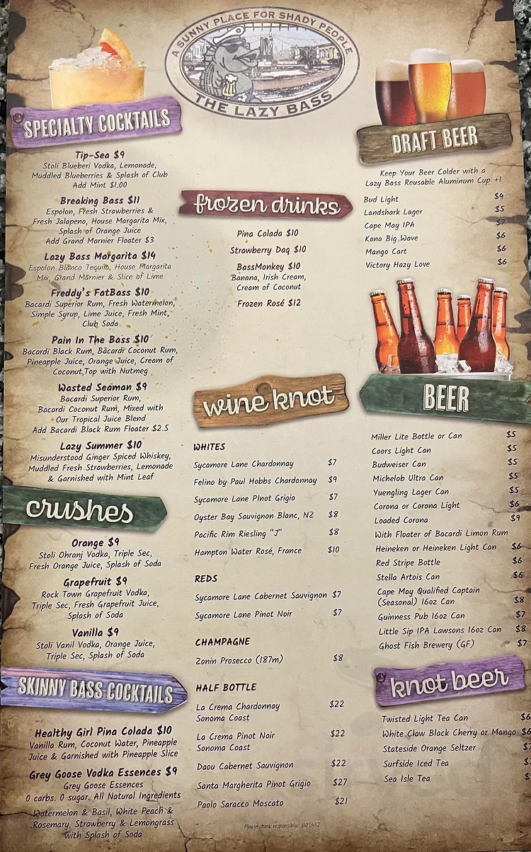 Lazy Bass Bayside Bar and Grill menu in North Wildwood, New Jersey, USA