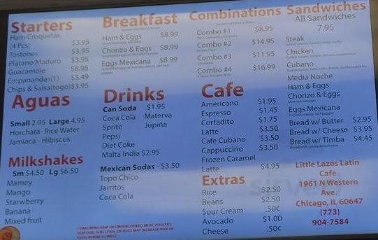 Little Lazo's Latin Cafe menu in Chicago, Illinois, USA