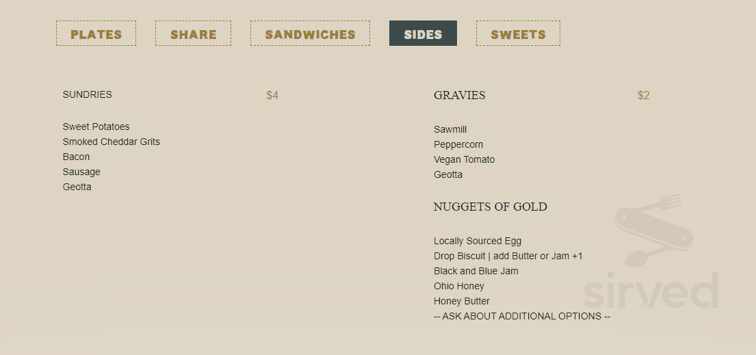Menu for Boomtown Biscuits & Whiskey in Cincinnati, OH | Sirved