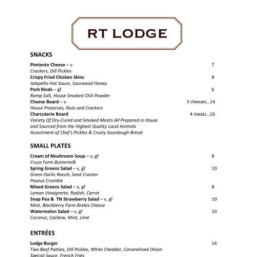 The Restaurant at RT Lodge menu in Maryville, Tennessee, USA