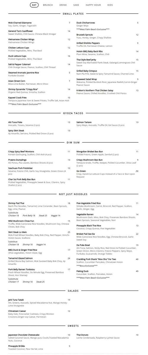 Kapow Noodle Bar menu in Boca Raton, Florida, USA