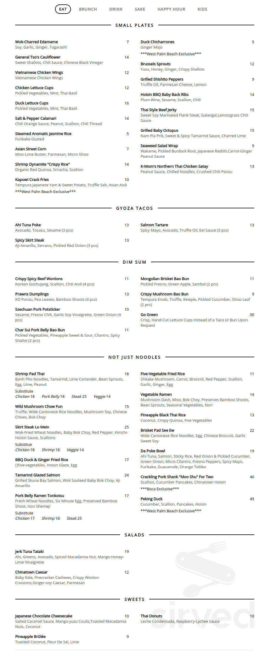 Kapow Noodle Bar menu in West Palm Beach, Florida, USA