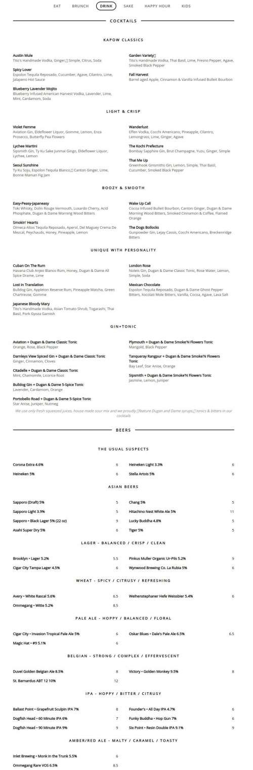 Kapow Noodle Bar menu in Boca Raton, Florida, USA