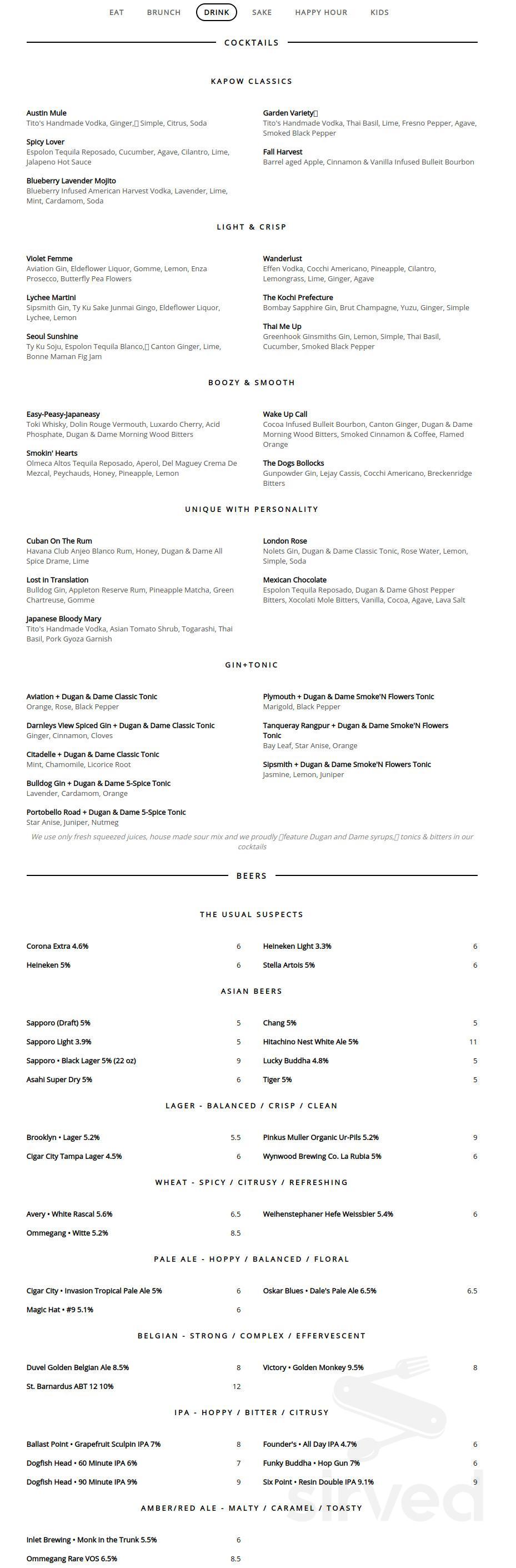 Kapow Noodle Bar menu in West Palm Beach, Florida, USA