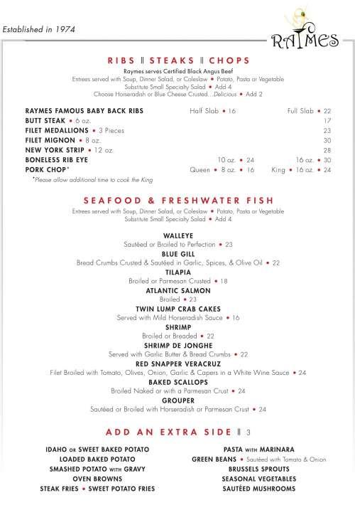 Raymes Steak & Fish House menu in Lisle, Illinois, USA