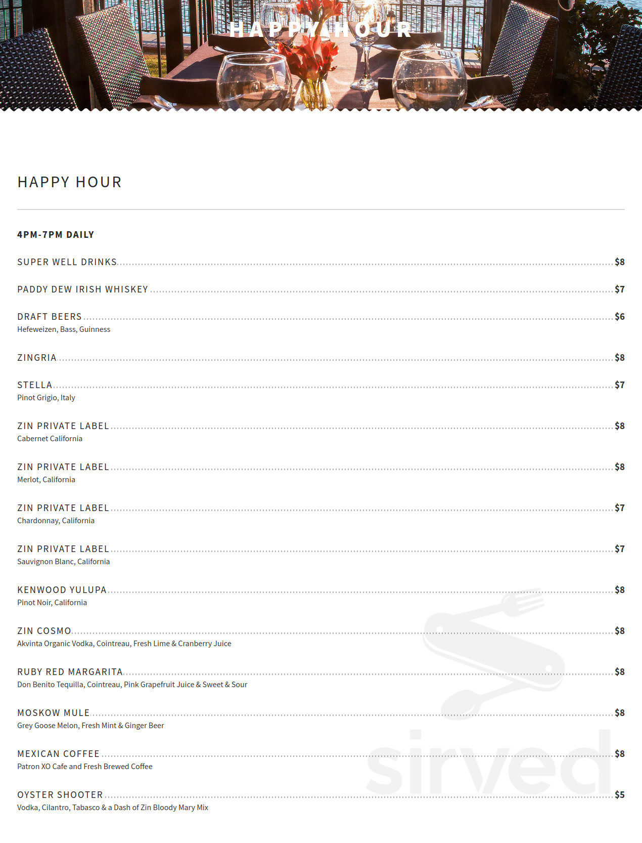 Zin Bistro Americana menu in Westlake Village, California, USA