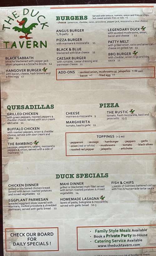 The Duck Tavern menu in Boca Raton, Florida, USA
