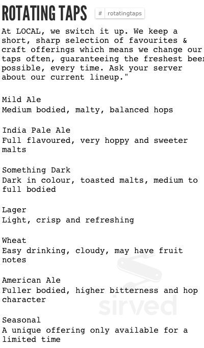 LOCAL Public Eatery South Common menu in Edmonton, Alberta, Canada