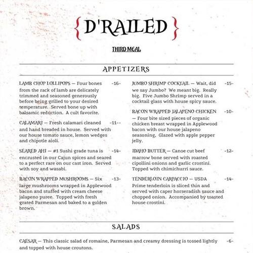 D'railed menu in Idaho Falls, Idaho, USA