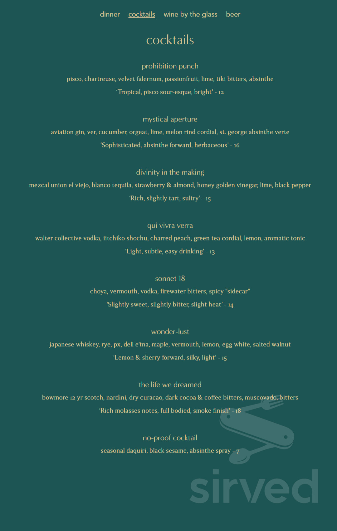 Menu - Portland OR's Quaintrelle | Sirved