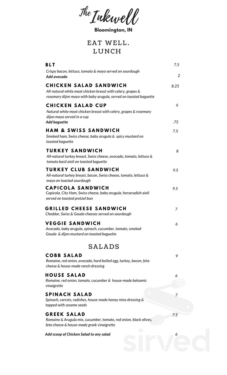 The Inkwell Bakery & Cafe menu in Bloomington, Indiana, USA