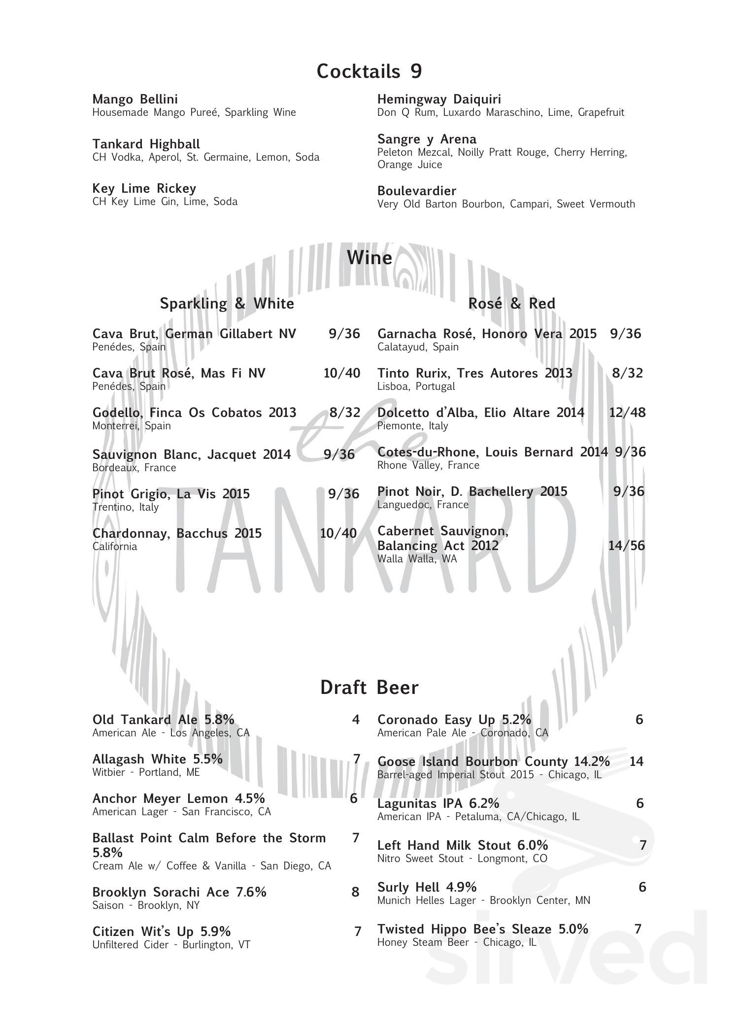 The Tankard menu in Chicago, Illinois, USA