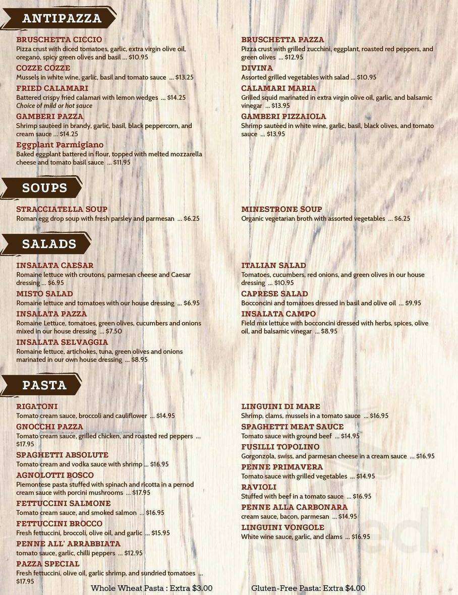 Menu - York ON's Pazza Pazza | Sirved