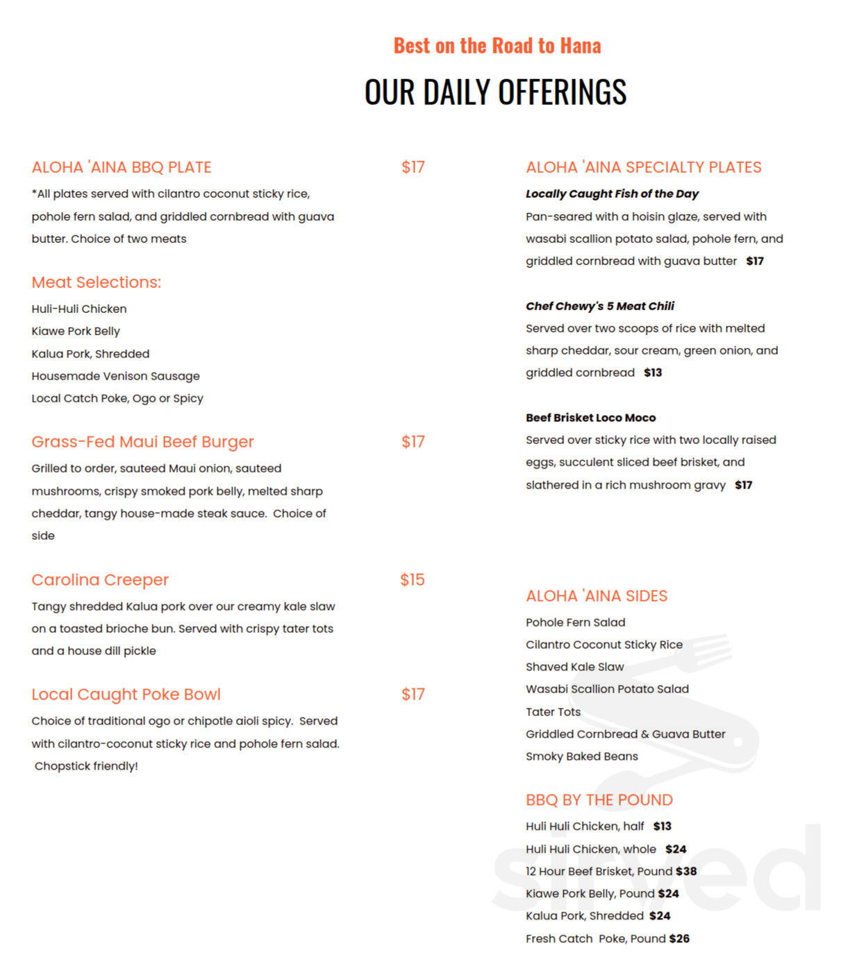 Aloha 'Aina BBQ menu in Haiku, Hawaii, USA