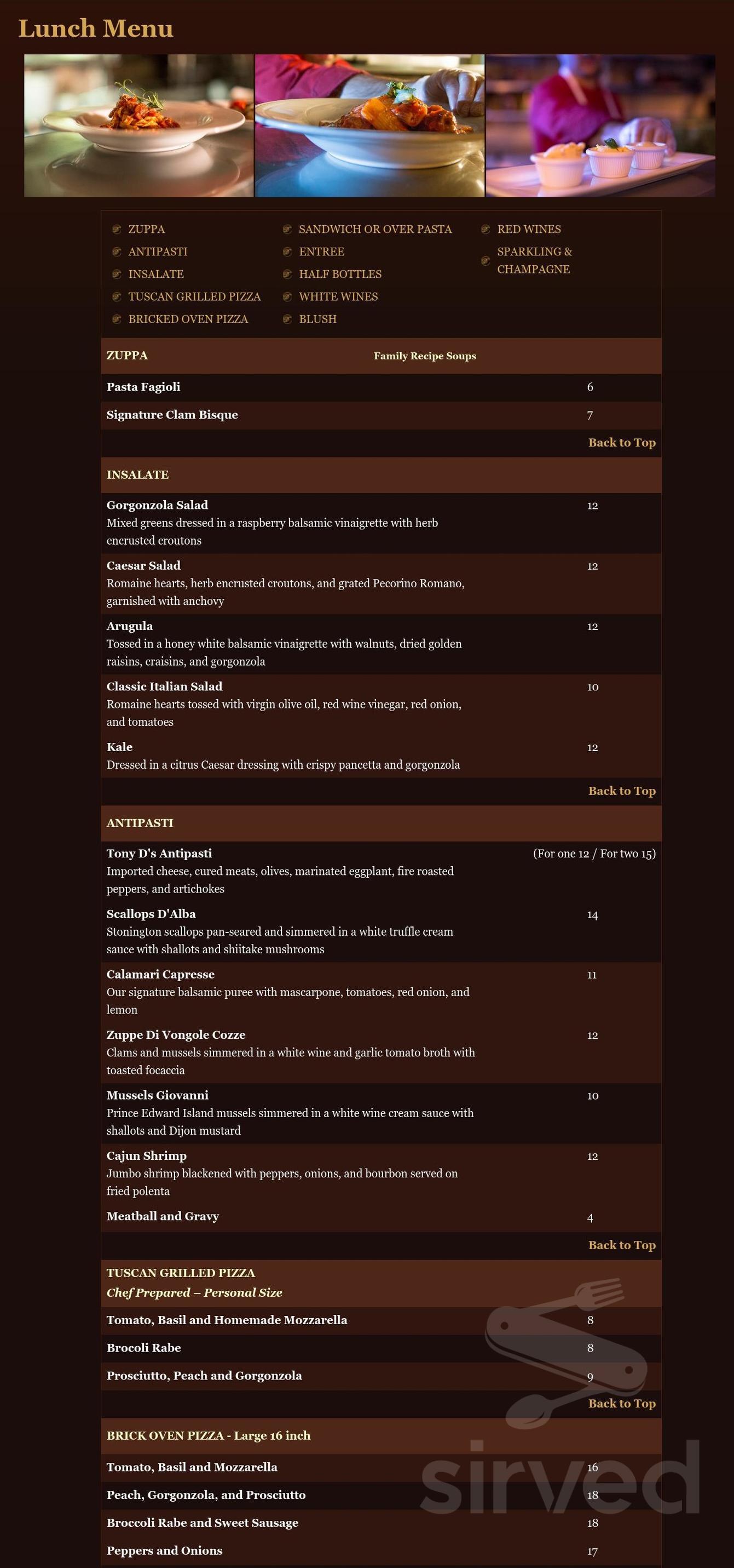 Menu for Tony D's in New London, CT | Sirved
