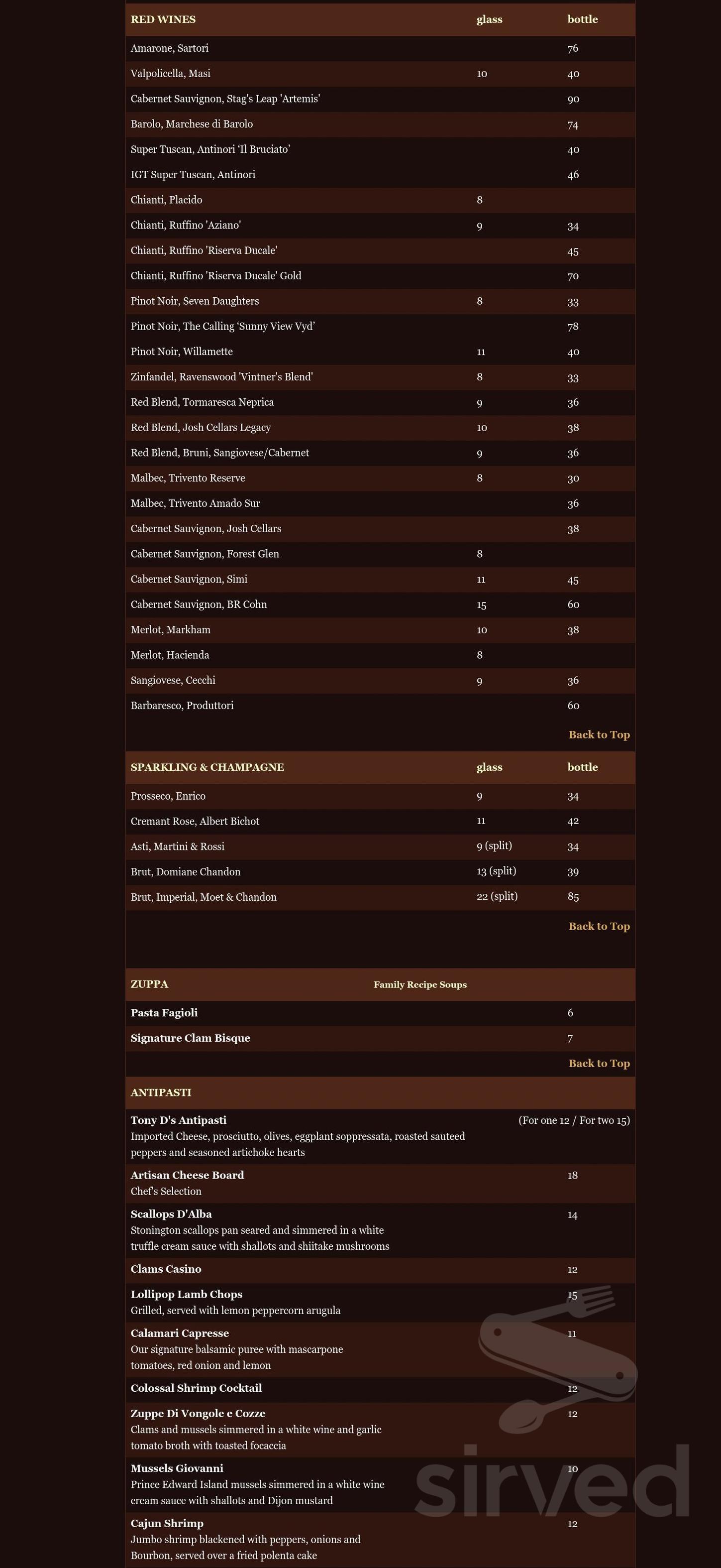 Tony D's menu in New London, Connecticut, USA