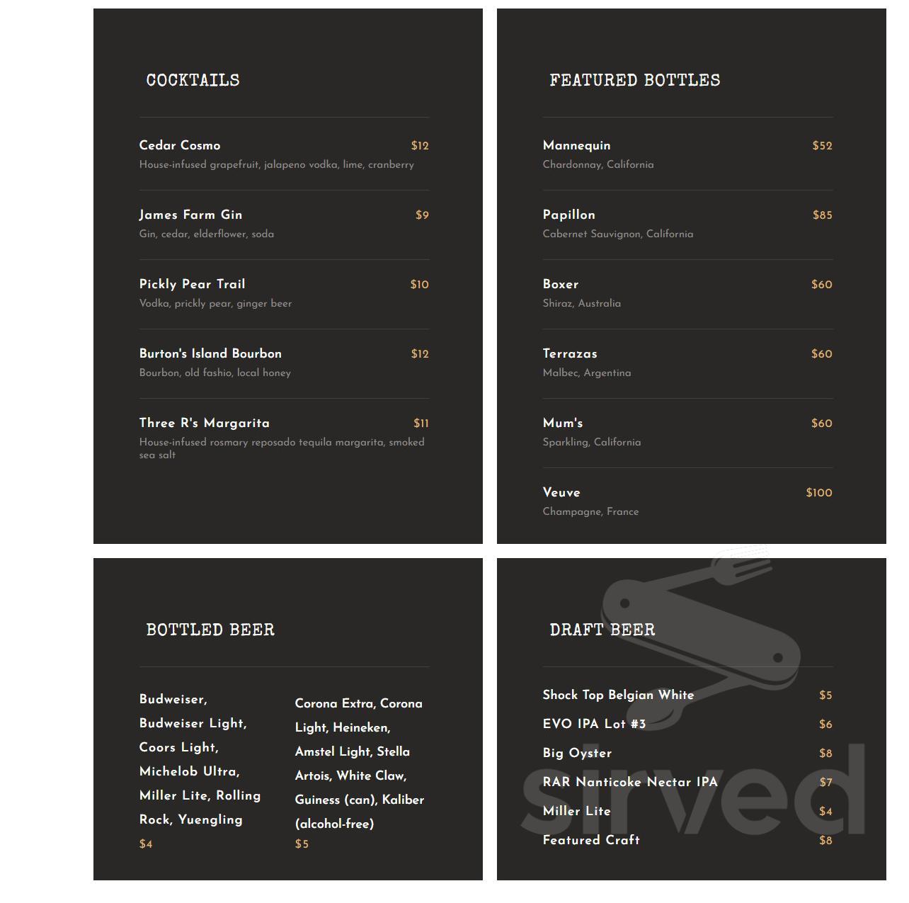 Menu - Ocean View DE's CEDAR land+ sea kitchen | Sirved