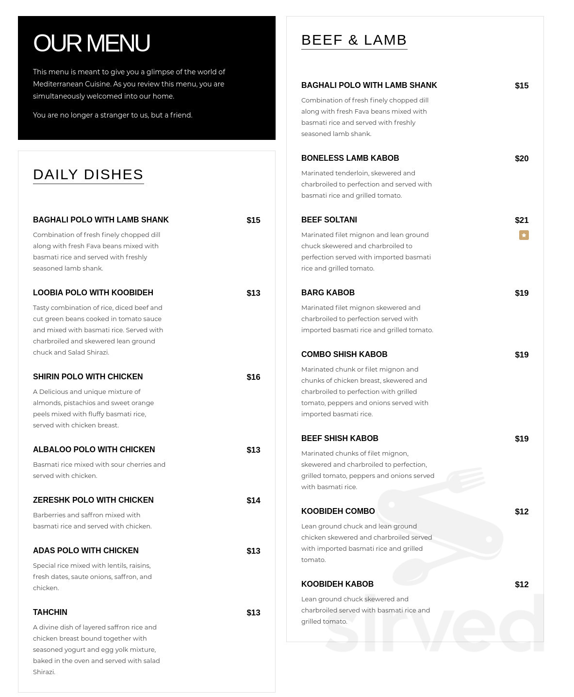 Bahar Restaurant menu in Mission Viejo, California, USA