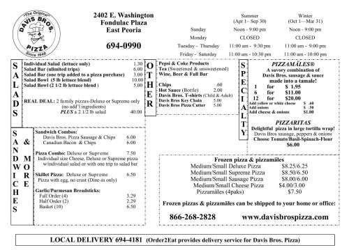 Davis Brothers Pizza menu in East Peoria, Illinois, USA