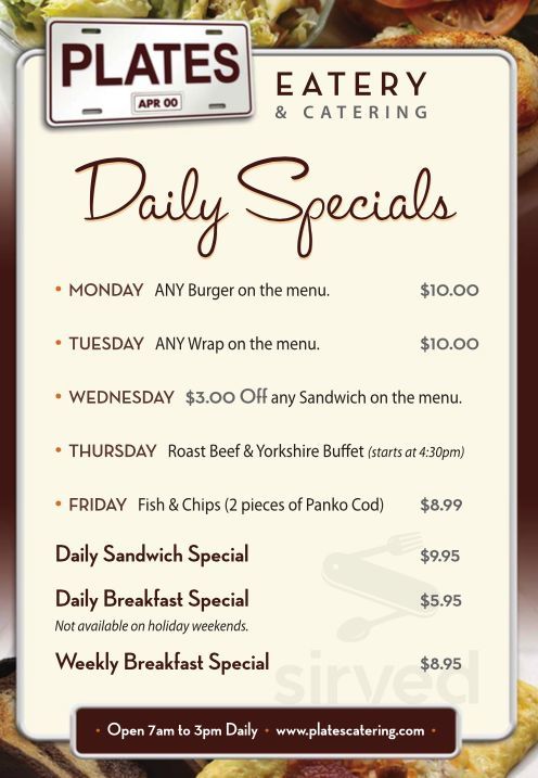 Menu for Plates Eatery in Courtenay, BC | Sirved