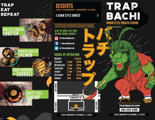 Trapbachi menu in Sunrise, Florida, USA