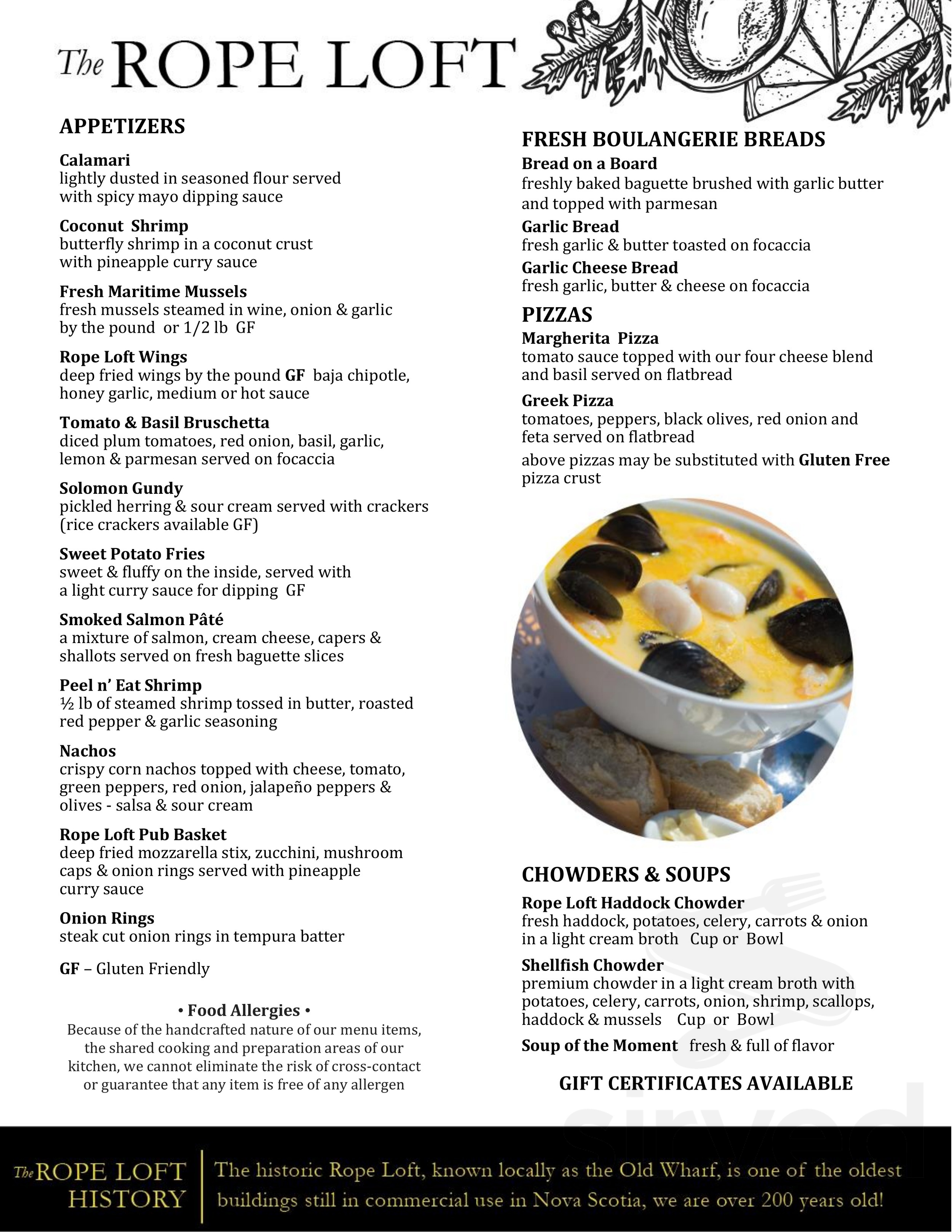 The Rope Loft menu in Chester, Nova Scotia, Canada