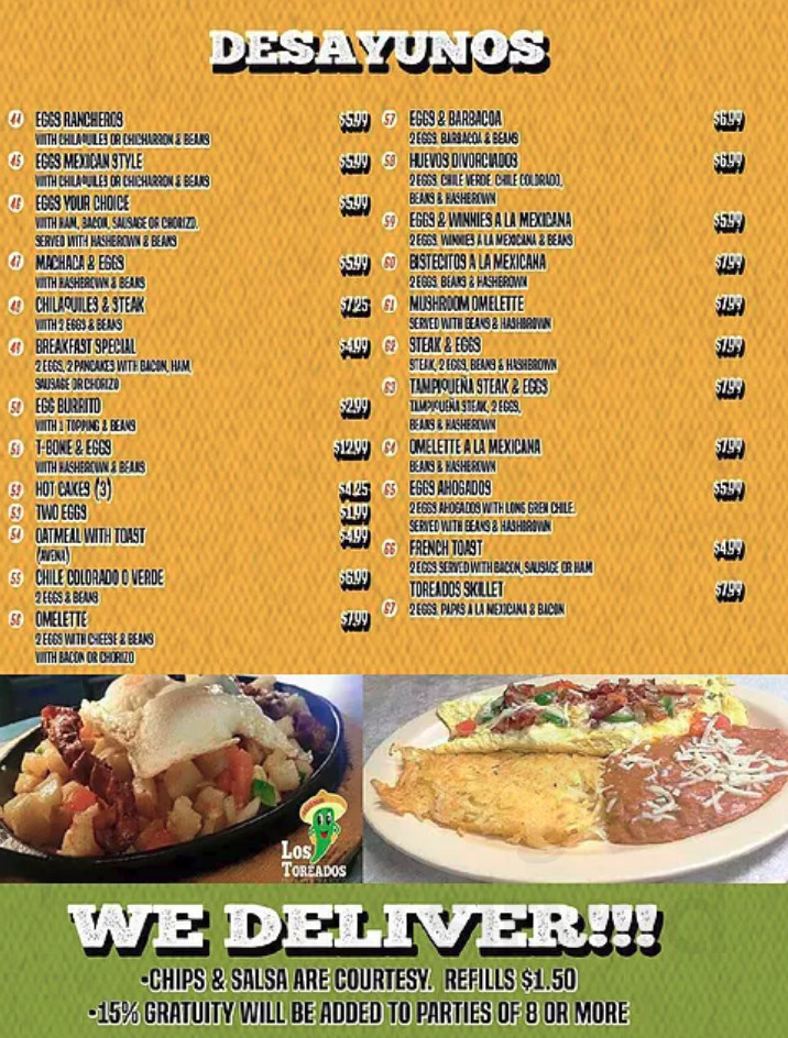 Los Toreados menu in El Paso, Texas, USA