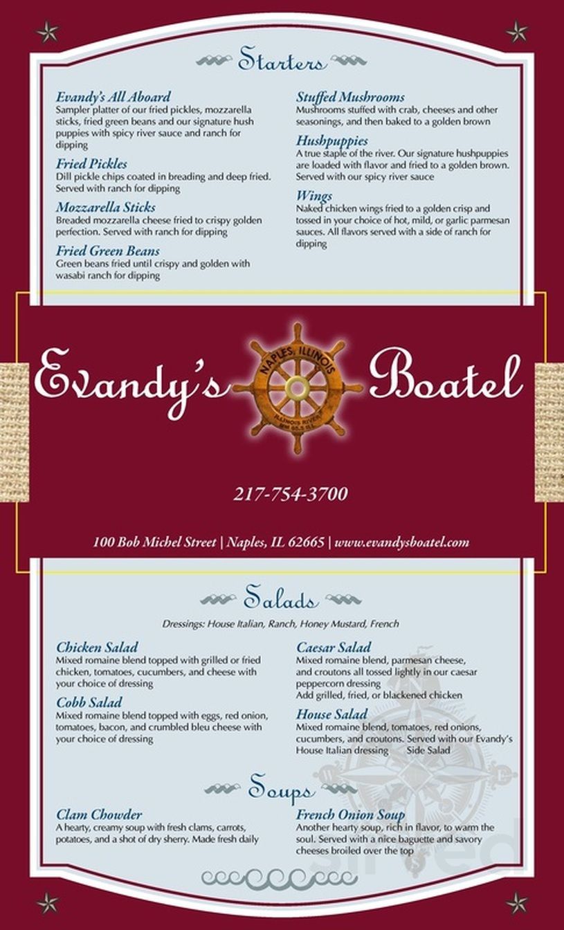 Evandy's Boatel menus in Naples, Illinois, United States