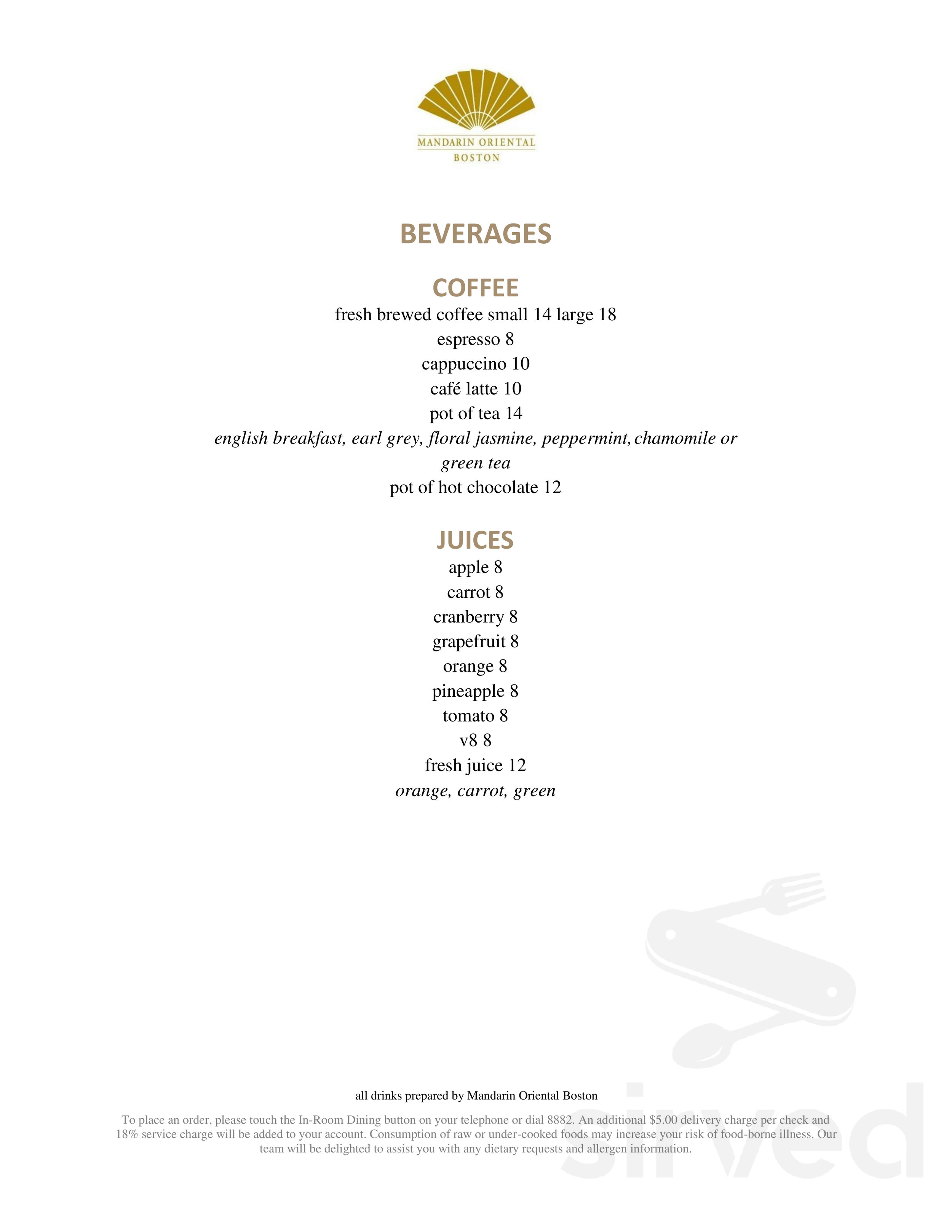 Mandarin Oriental, Boston menu in Boston, Massachusetts, USA