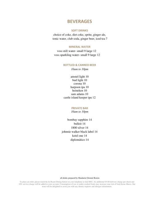 Mandarin Oriental, Boston menu in Boston, Massachusetts, USA
