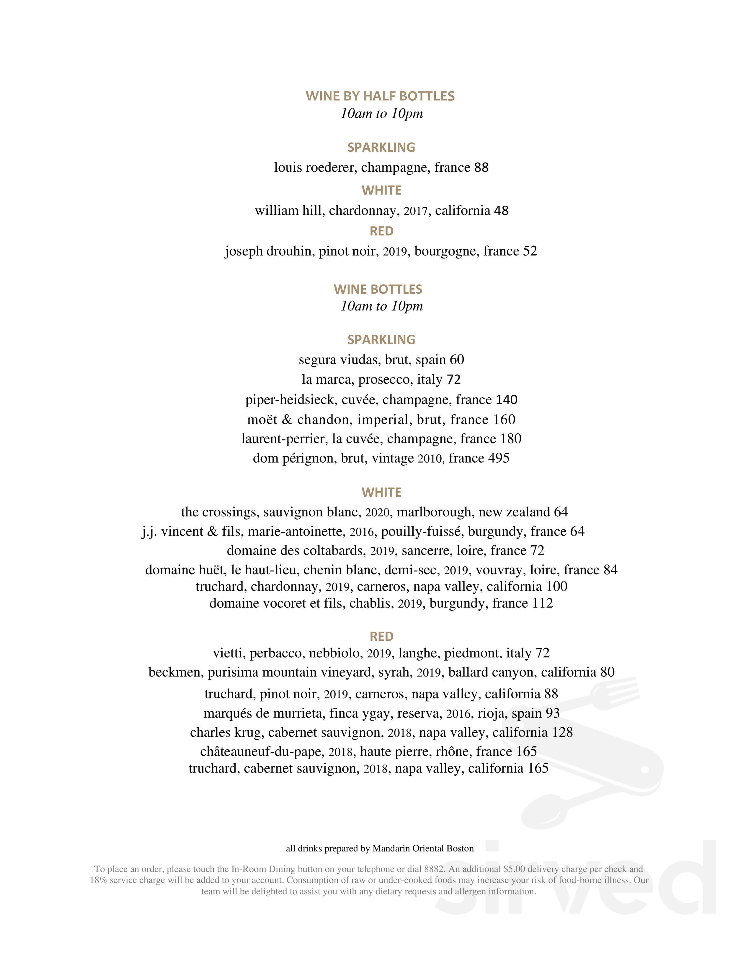 Mandarin Oriental, Boston menu in Boston, Massachusetts, USA