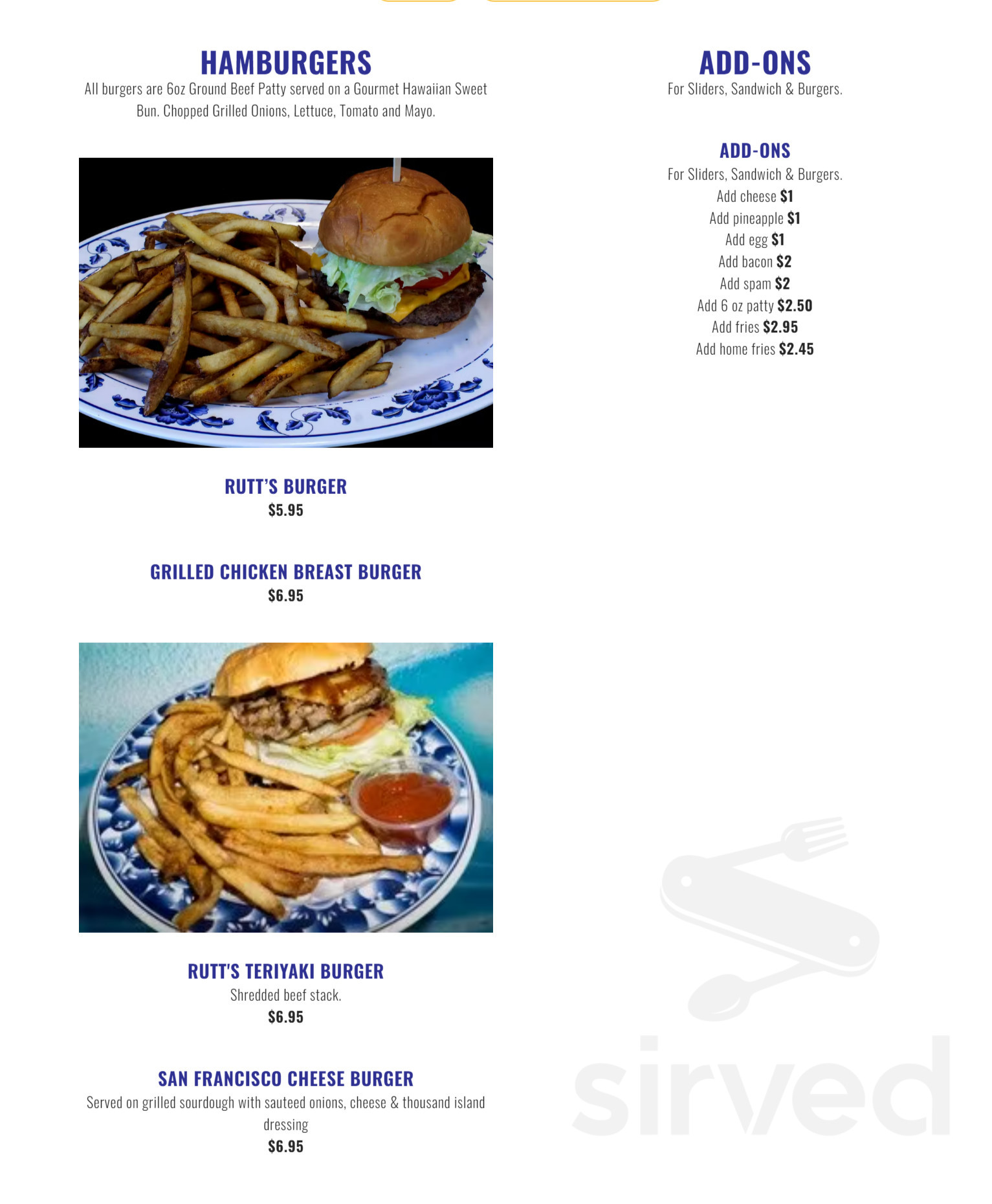 Rutts Hawaiian Cafe menus in Los Angeles, California, United States