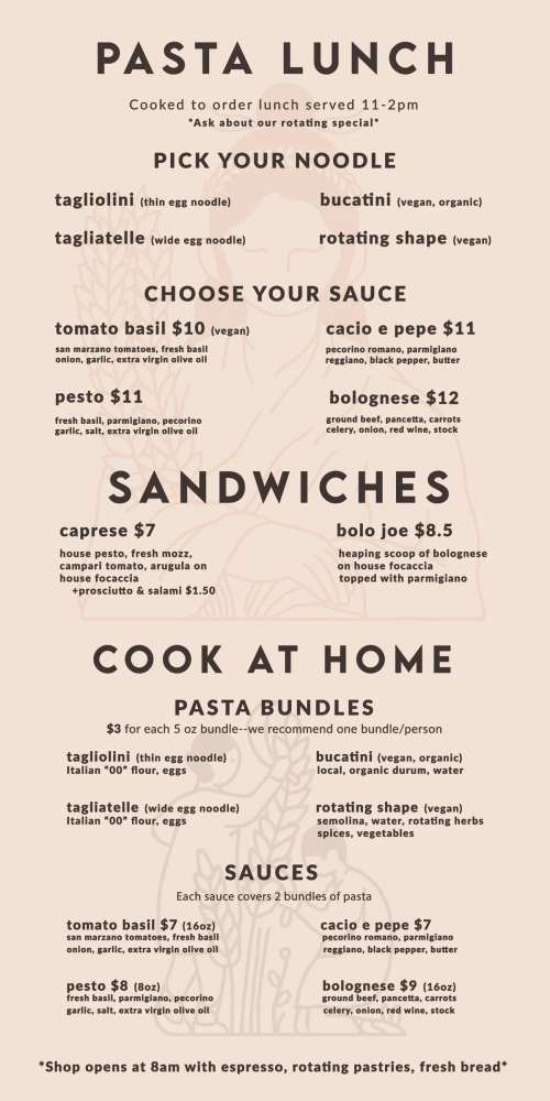 CERES Pasta menu in Tucson, Arizona, USA