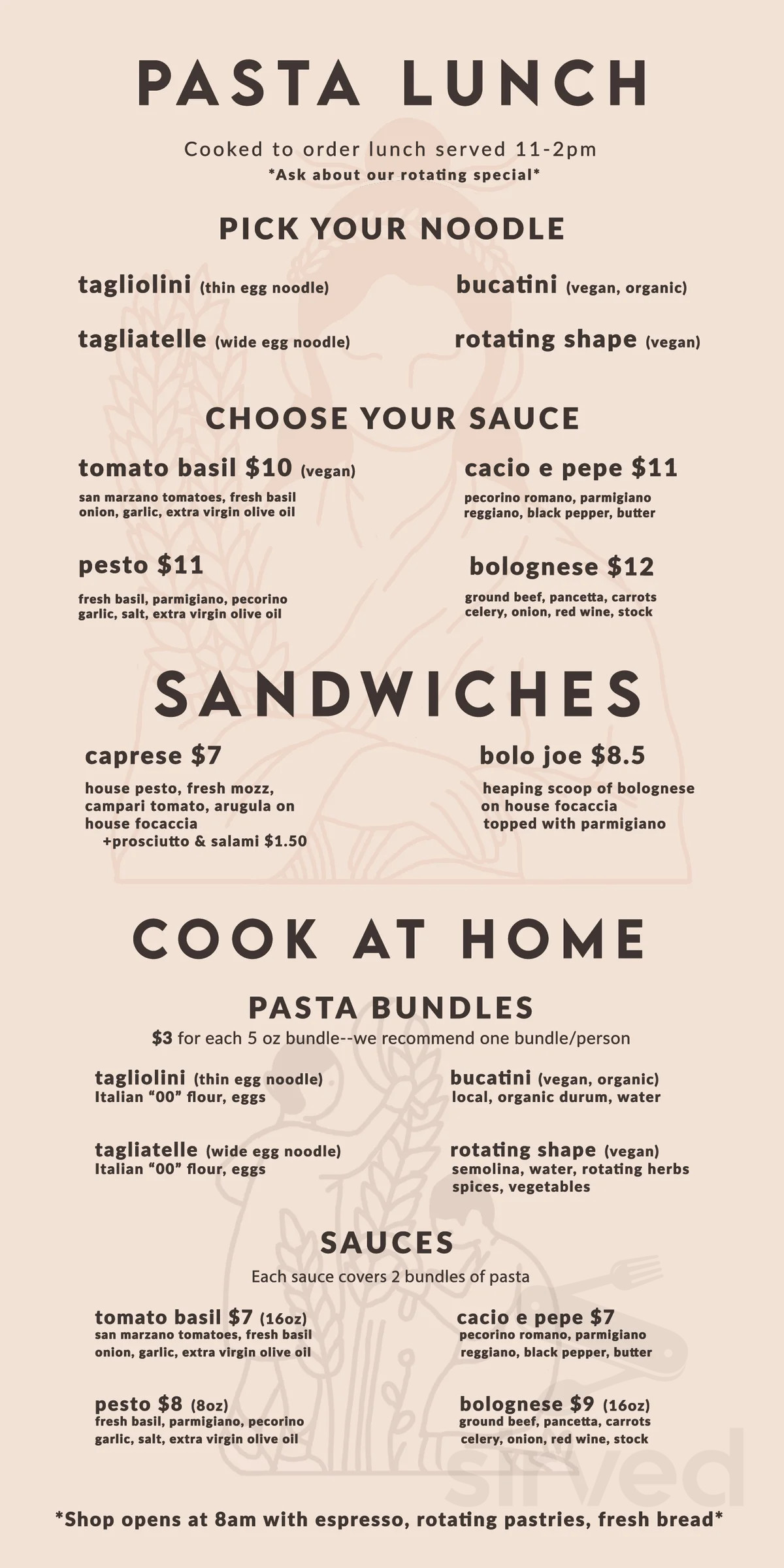 CERES Pasta menu in Tucson, Arizona, USA