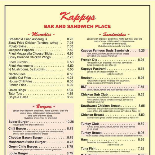Kappys Bar & Sandwich Place menu in Tucson, Arizona, USA