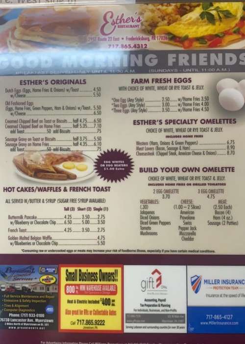 Esther's Restaurant menu in Fredericksburg, Pennsylvania, USA