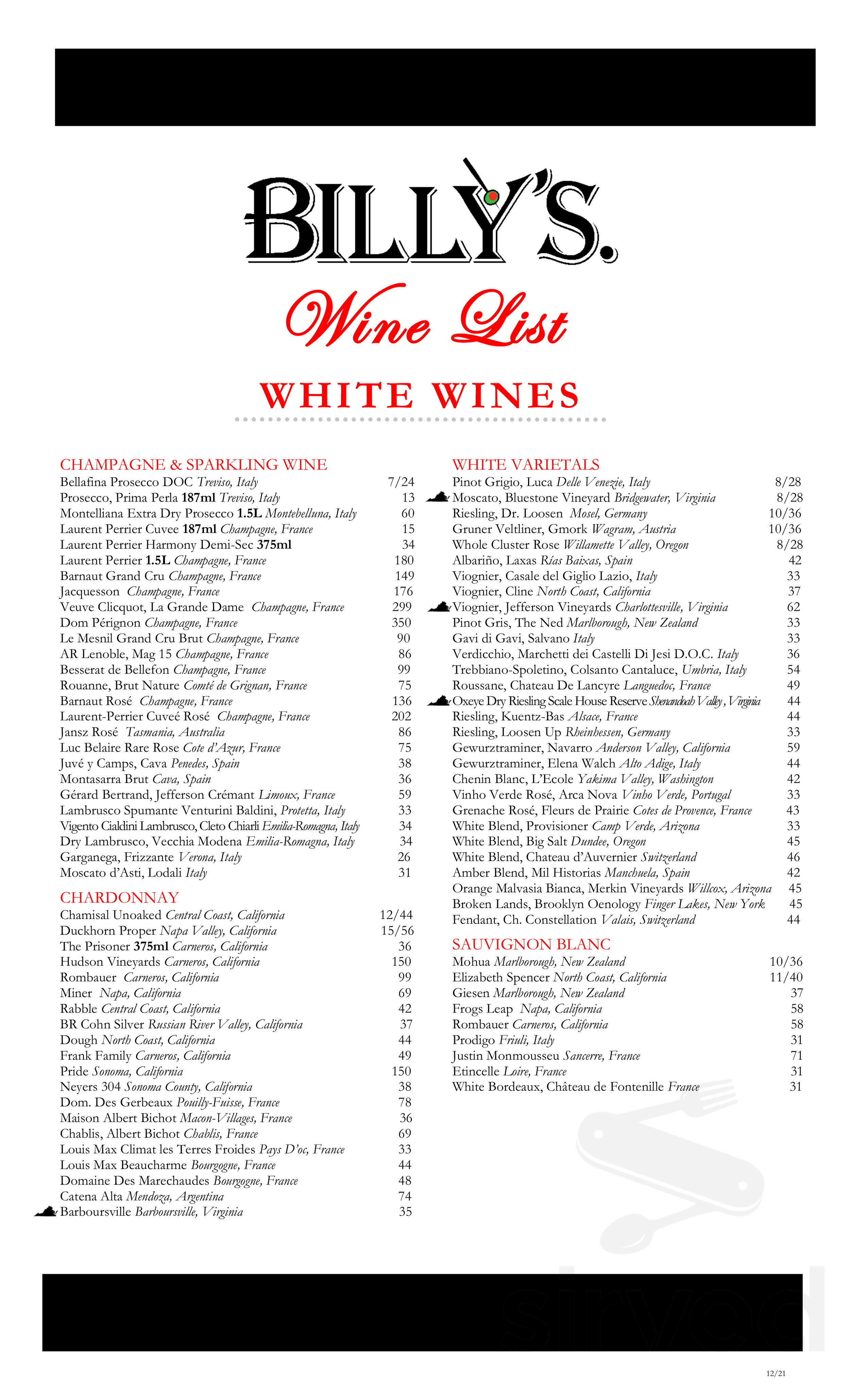 BILLY'S menu in Roanoke, Virginia, USA