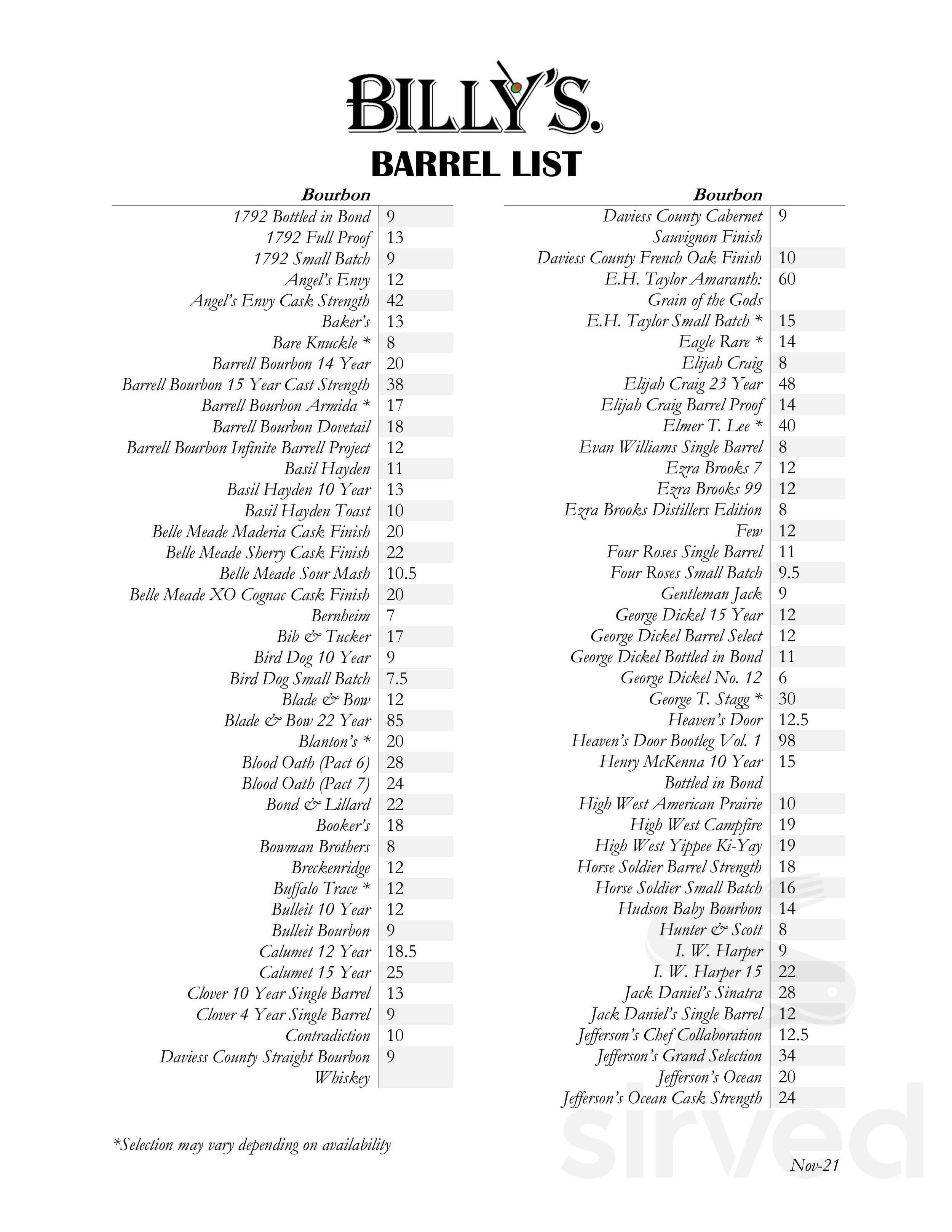 BILLY'S menu in Roanoke, Virginia, USA