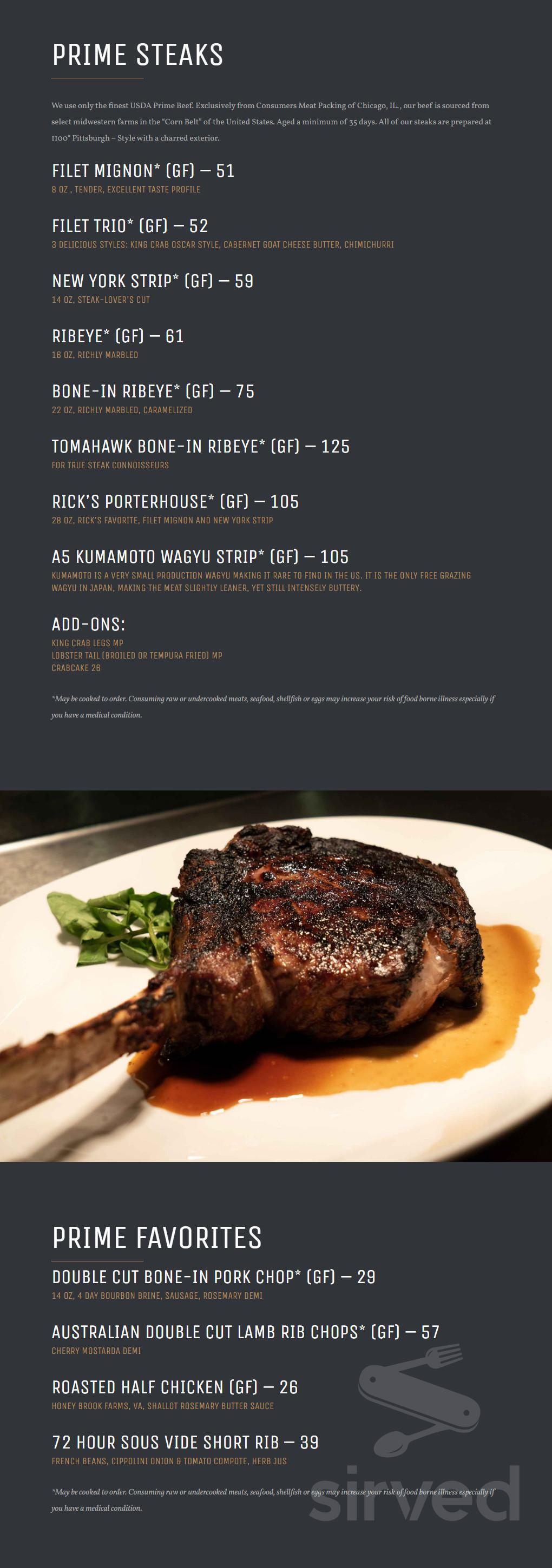DC Prime Steaks menu in Ashburn, Virginia, USA