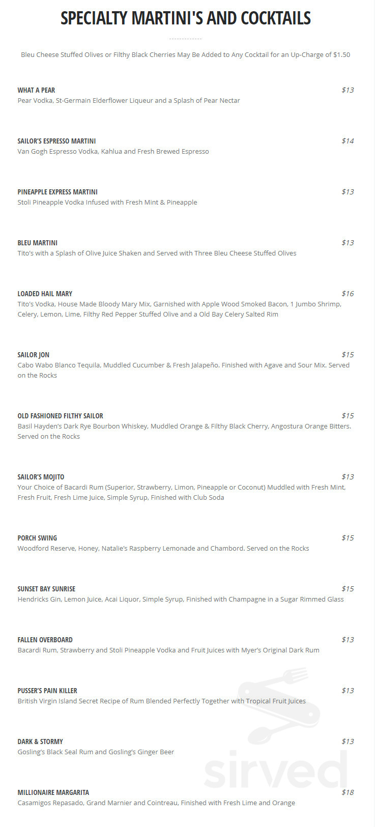 Sailor's Return menu in Stuart, Florida, USA