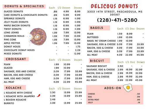 Delicious Donuts menu in Pascagoula, Mississippi, USA