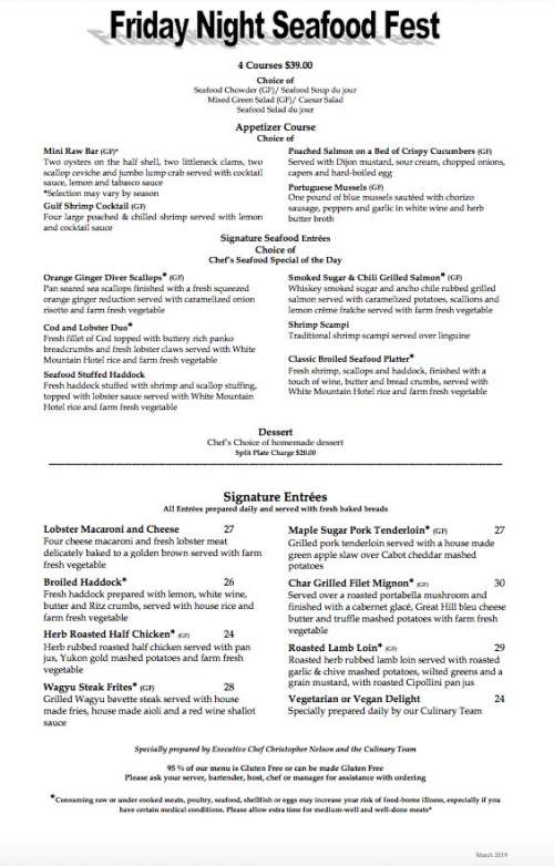 Ledges Restaurant at The White Mountain Hotel menu in North Conway, New ...