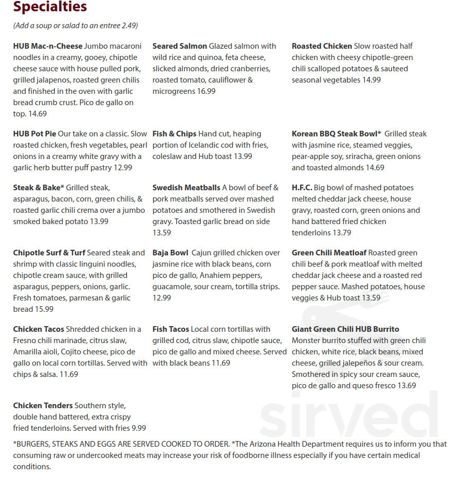 Menu - Phoenix AZ's The Hub Grill & Bar | Sirved