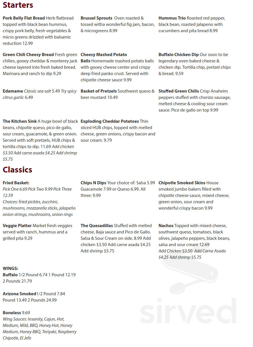 The HUB Grill and Bar menu in Mesa, Arizona, USA