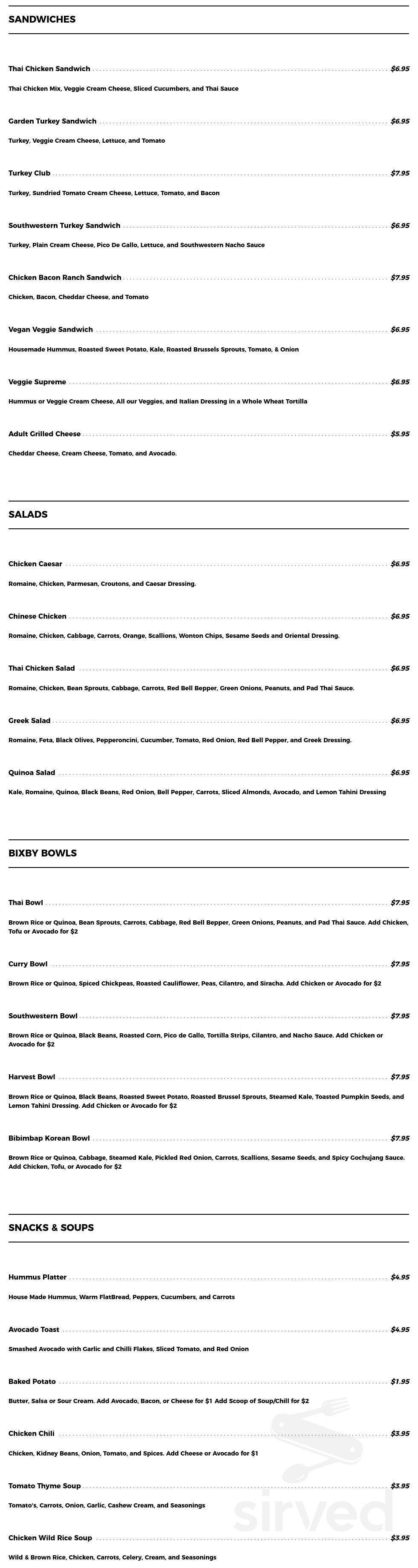 Bixby's Cafe menu in Grand Rapids, Minnesota, USA