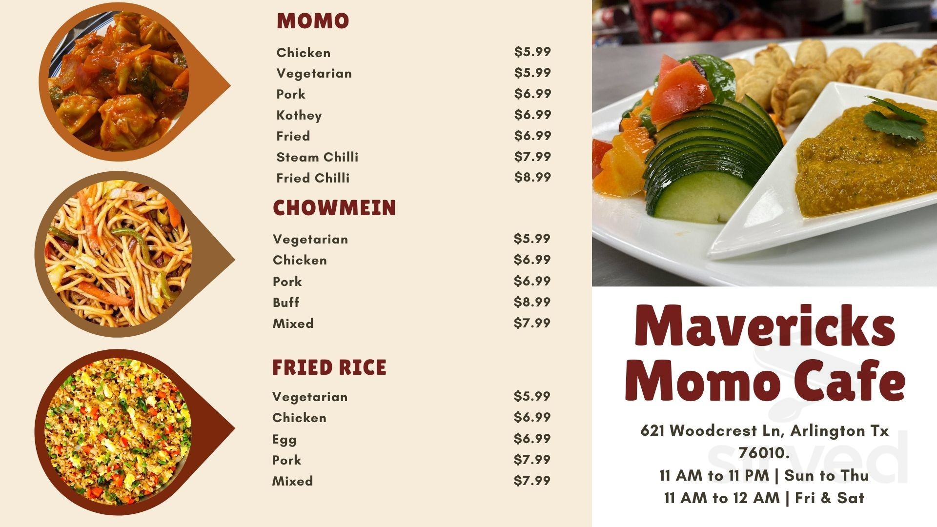Menu - Arlington TX's Mavericks Momo Café | Sirved