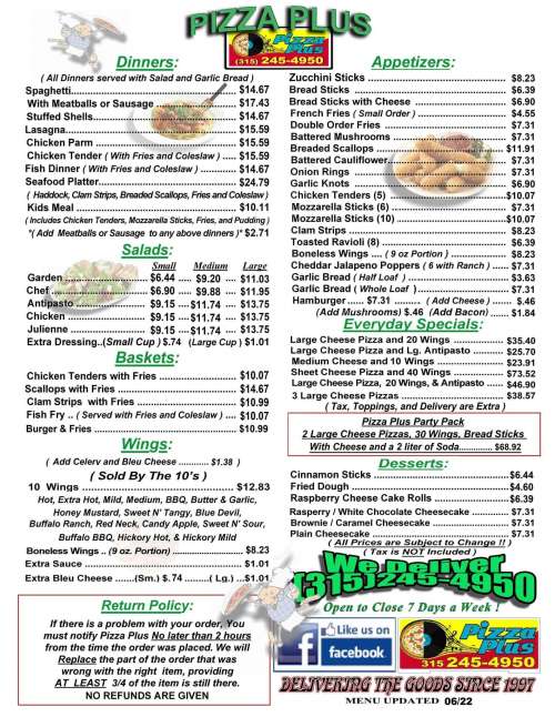 Pizza Plus menu in Camden, New York, USA