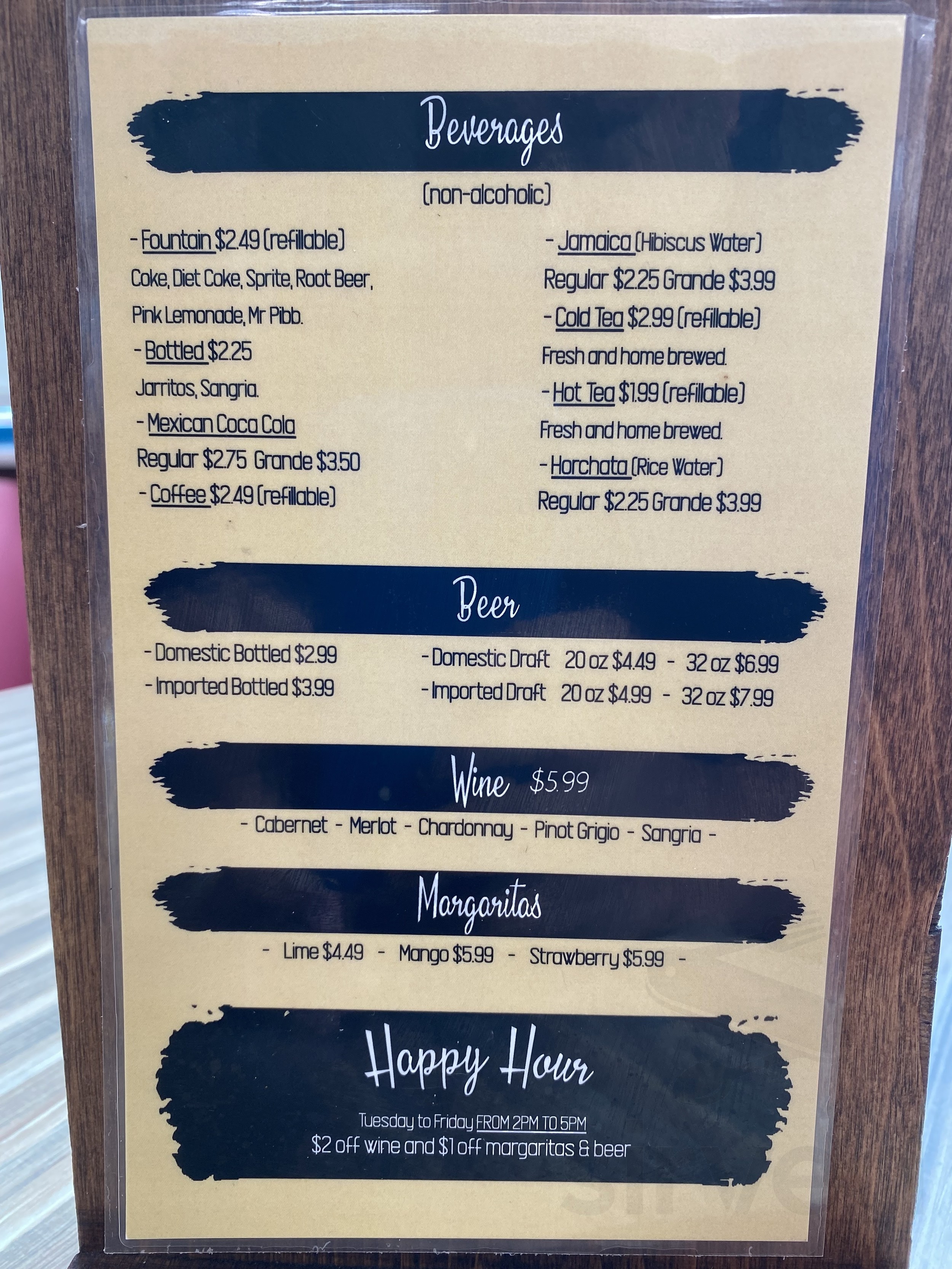 Taco's Queen menu in St. Augustine, Florida, USA