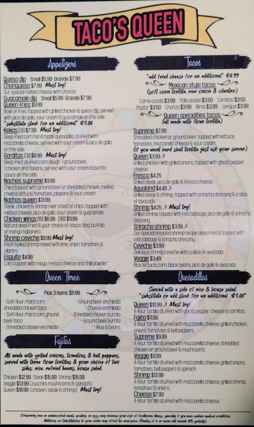 Taco's Queen menu in St. Augustine, Florida, USA