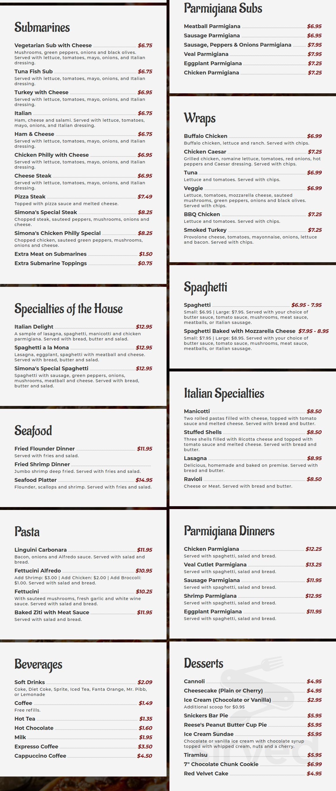 Menu for Simona's Pizzeria in Petersburg, VA | Sirved